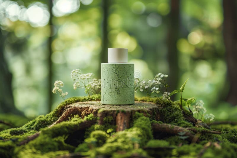 Green Bottle on Tree Stump in Forest Stock Image - Image of balance ...