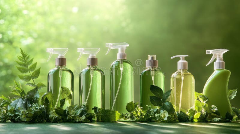 Green Bottles and Lush Greenery: Eco-Friendly Product Photography Stock ...