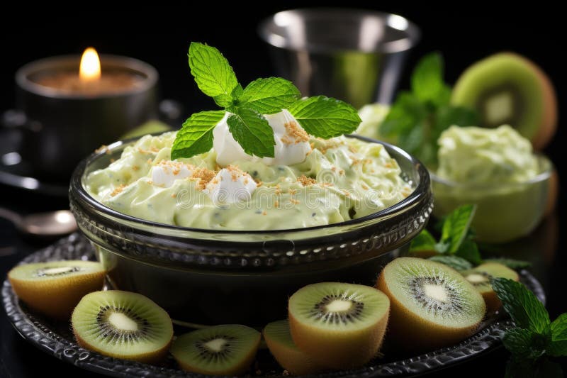 Green Bowl Full of Rice Pudding and Covered with Pieces of Kiwi on the ...