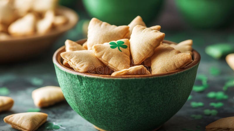 Green Bowl of Triangle-Shaped Cookies for St Patricks Day Stock ...