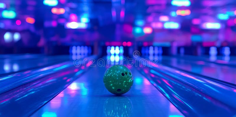 The Green Bowling Ball Rolls Down the Lane with a Splash of Water Stock ...