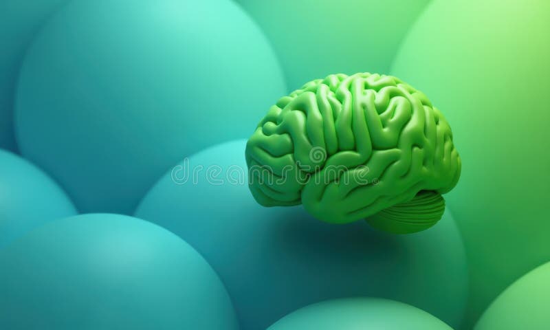Green Brain is Floating Above a Bunch of Blue Spheres Stock Photo ...