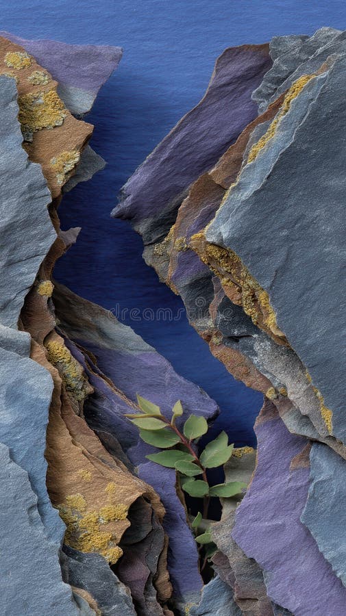 Green Branch Emerges through Textured Rock Layers Against Deep Blue ...
