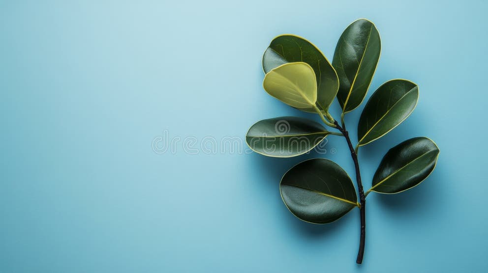A Green Branch with Multiple Leaves Stretches Diagonally Over a Solid ...