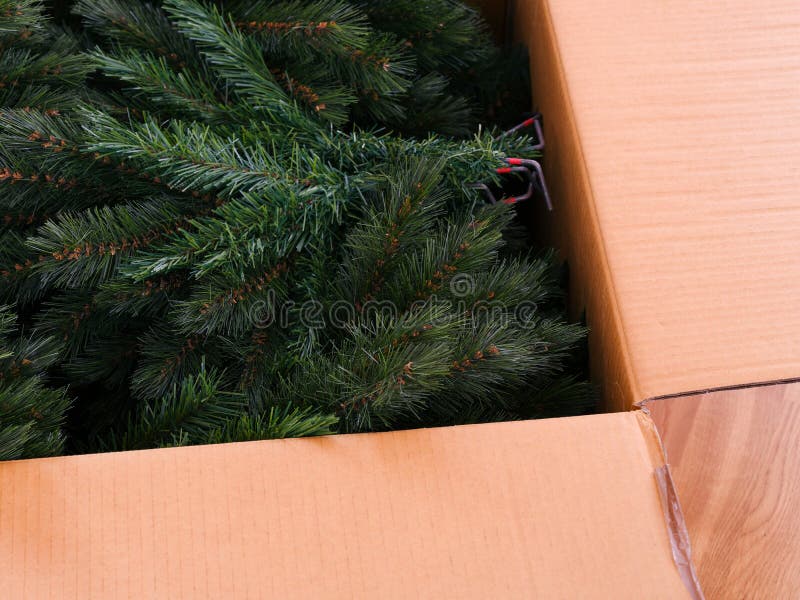 Green Branches from an Artificial Christmas Tree in Large Cardboard Box ...