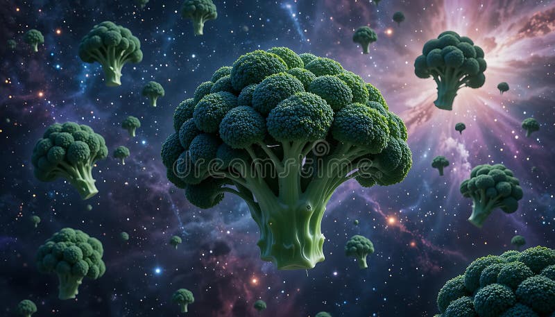 Broccoli Forest Floating through Space with Nebula Background and Stars ...