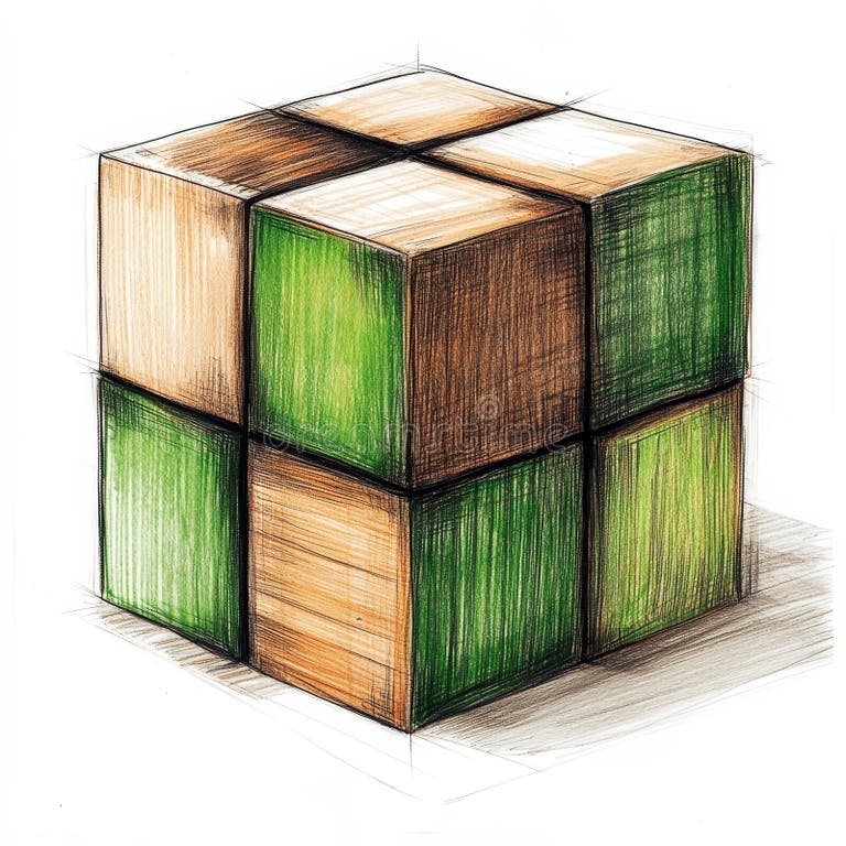 A Green and Brown Cube, Drawn in a Simple Style with Basic Lines, is ...