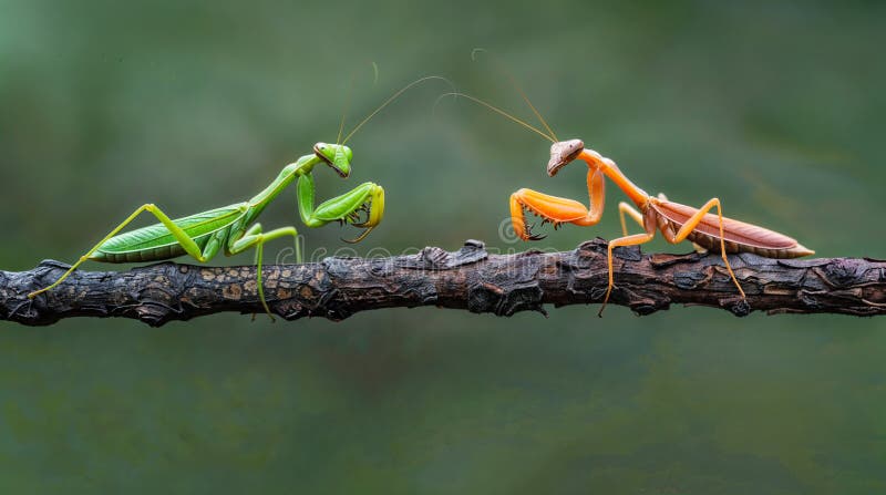 Green and Brown Praying Mantises Facing Off on a Branch (Mantodea ...