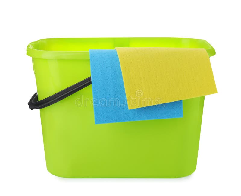 Green Bucket with Rags Isolated on White Stock Image - Image of handle ...