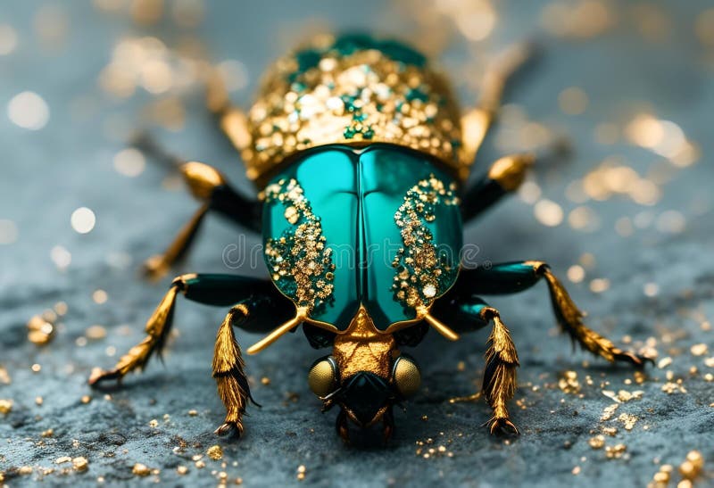 The Green Bug is Laying Down on a Gray Surface Surrounded by Many Shiny ...