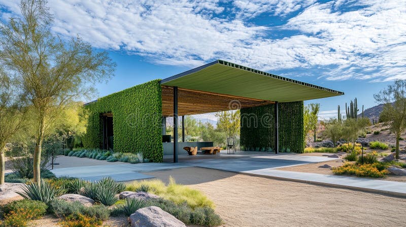 Green Building in Desert with Shade Structure. Stock Photo - Image of ...