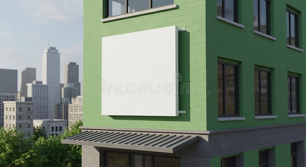 Green Building with a Large Blank White Billboard on the Upper Corner ...