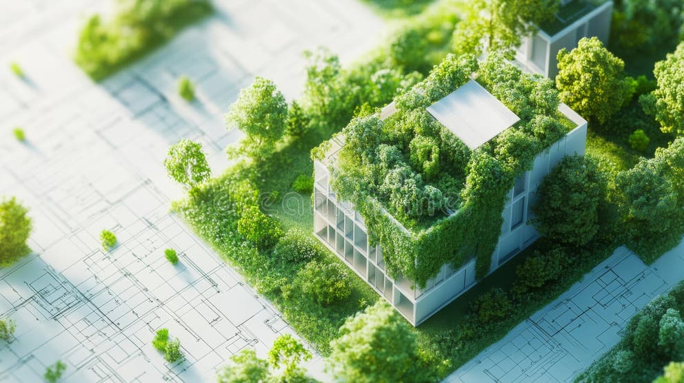 Green Building Model on Blueprint Stock Illustration - Illustration of ...