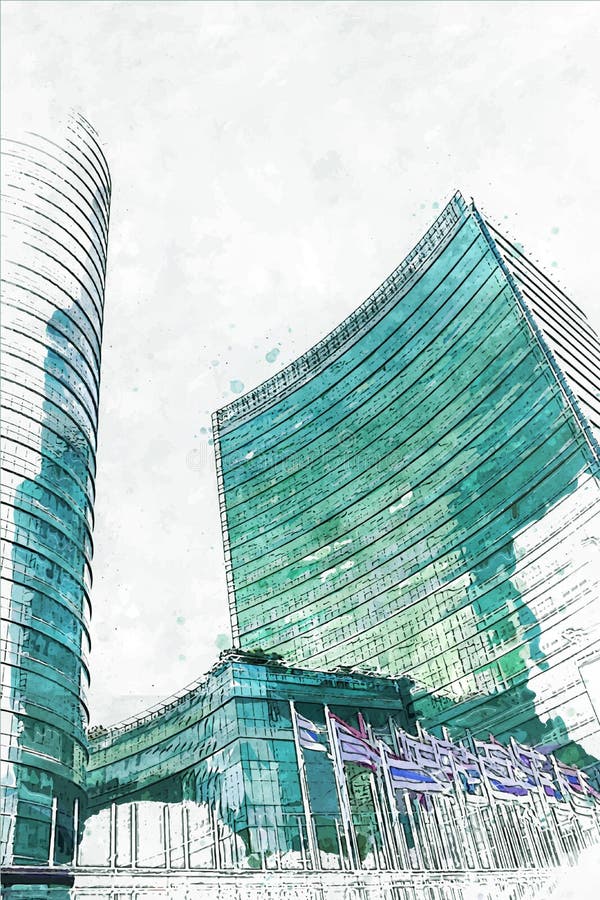 Green Building Perspective on Watercolor Art. Stock Vector ...