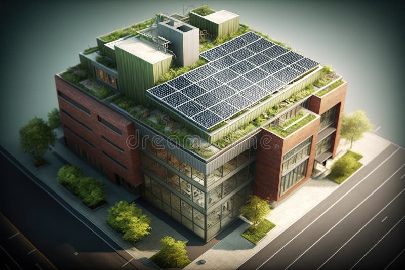 Green Building, with Rooftop Garden and Solar Panels Stock Illustration ...
