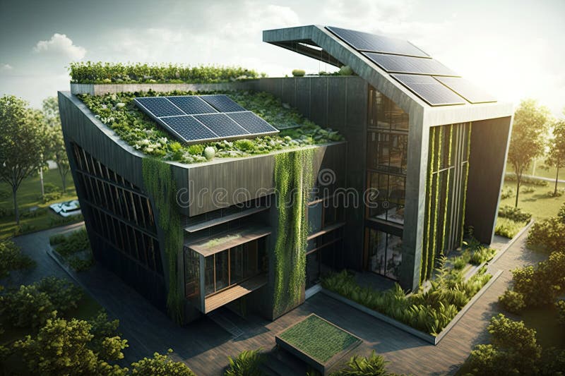 Green Building with Rooftop Garden and Solar Panels Stock Illustration ...
