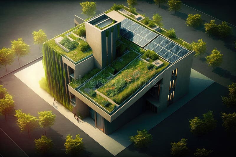 Green Building, with Rooftop Garden and Solar Panels Stock Illustration ...