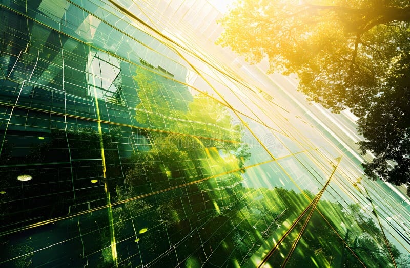 Green Building with Solar Panels and Sunlight Reflections Stock ...