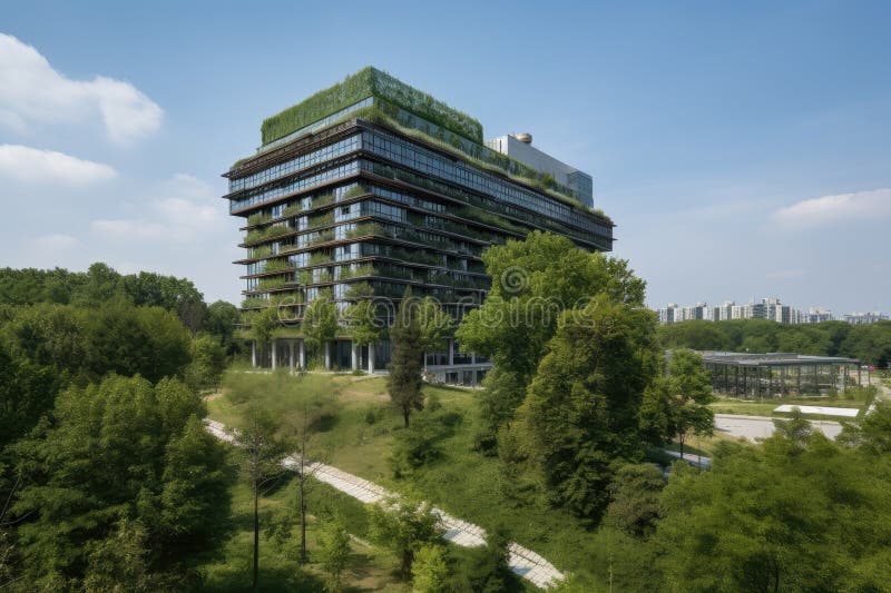 Green Building, Surrounded by Park and Greenery Stock Illustration ...