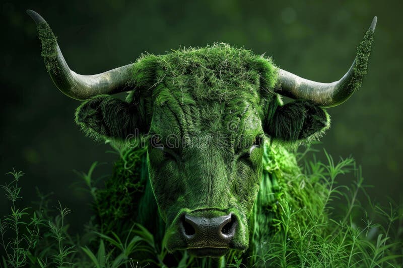 Green Bull Covered in Grass Posing in Nature Stock Illustration ...