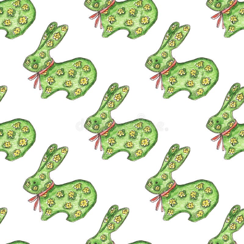 Green Bunny Drawn with Pencils on a White Background. Seamless Pattern ...