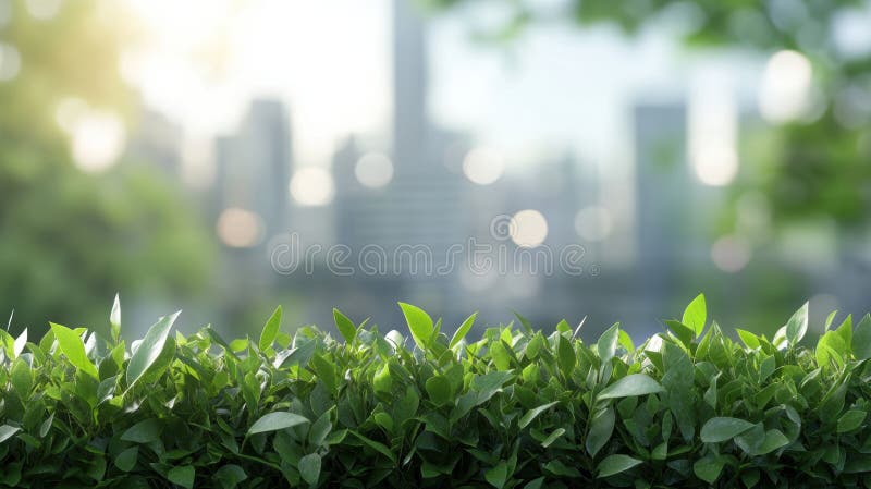 A Green Bush Stands in Front of a City Skyline Under a Clear Sky. Stock ...