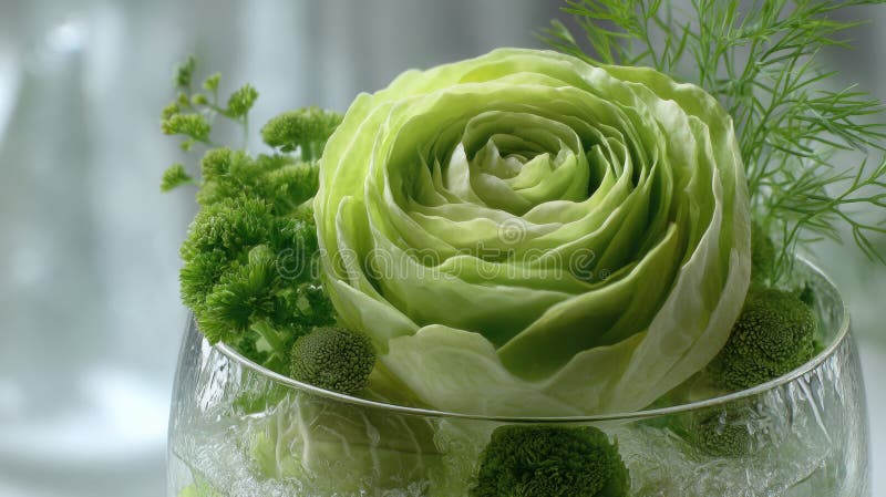 Green Cabbage Flower Arrangement in Glass Vase with Delicate Greenery ...