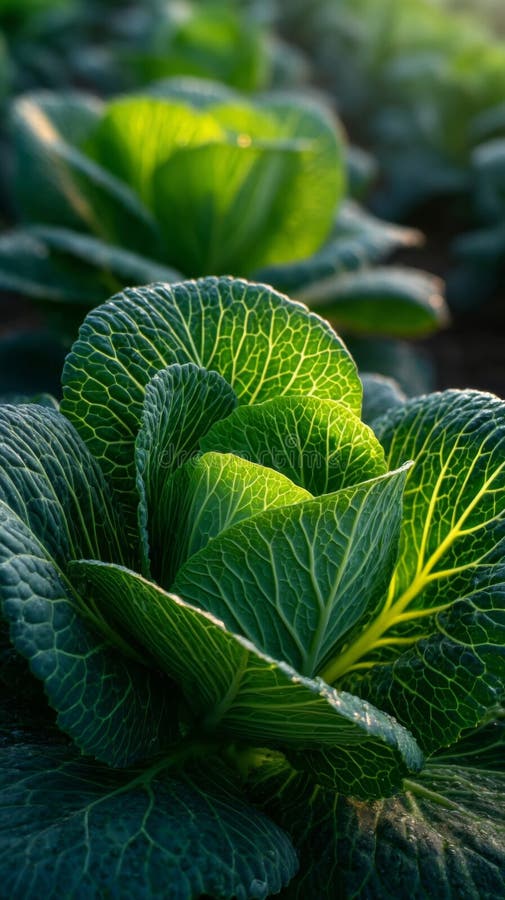 Green Cabbage Leaves in a Farm Field Stock Illustration - Illustration ...