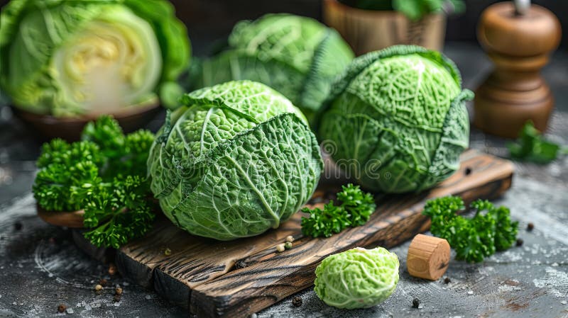 Green Cabbage Wooden Tray Grey Background Stock Photos - Free & Royalty ...