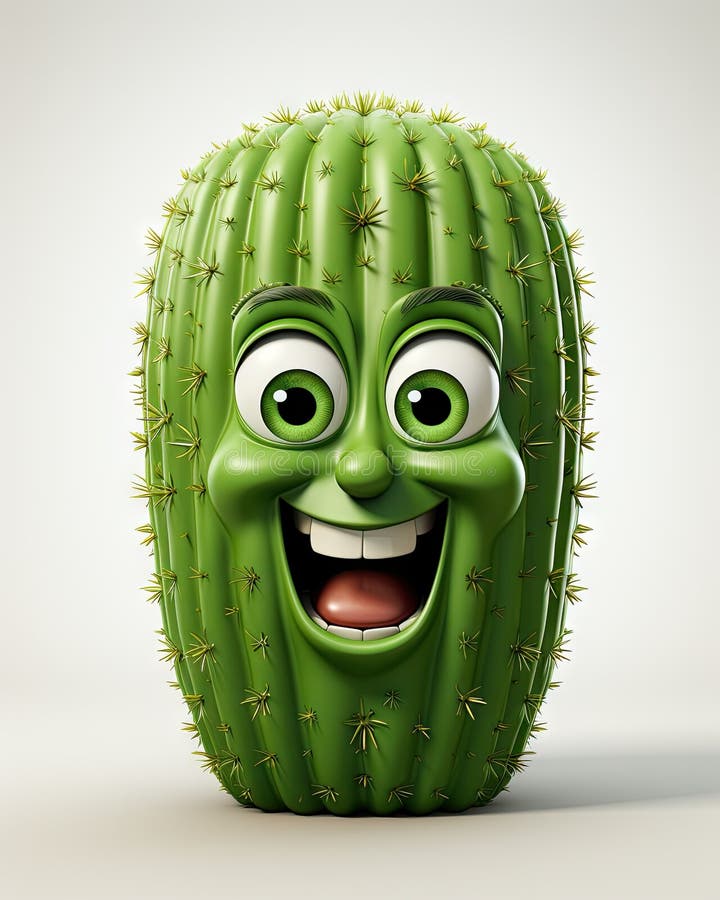 A Green Cactus with a Happy Face and Eyes on a White Background ...