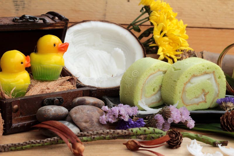 Green Cake Rolls Filled with Coconut. Stock Image - Image of ingredient ...