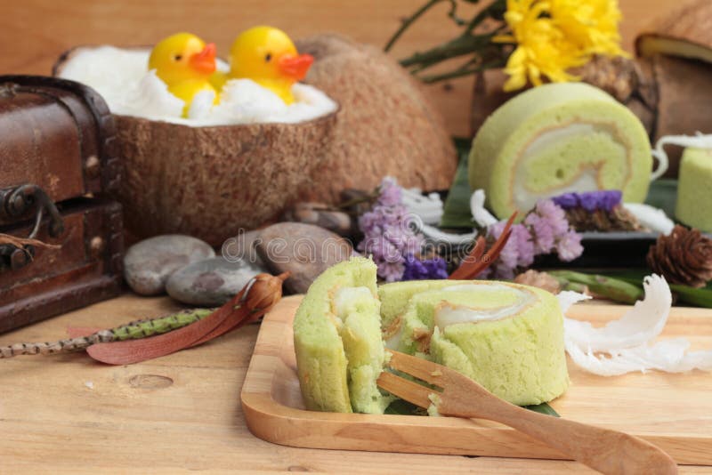Green Cake Rolls Filled with Coconut. Stock Image - Image of baked ...