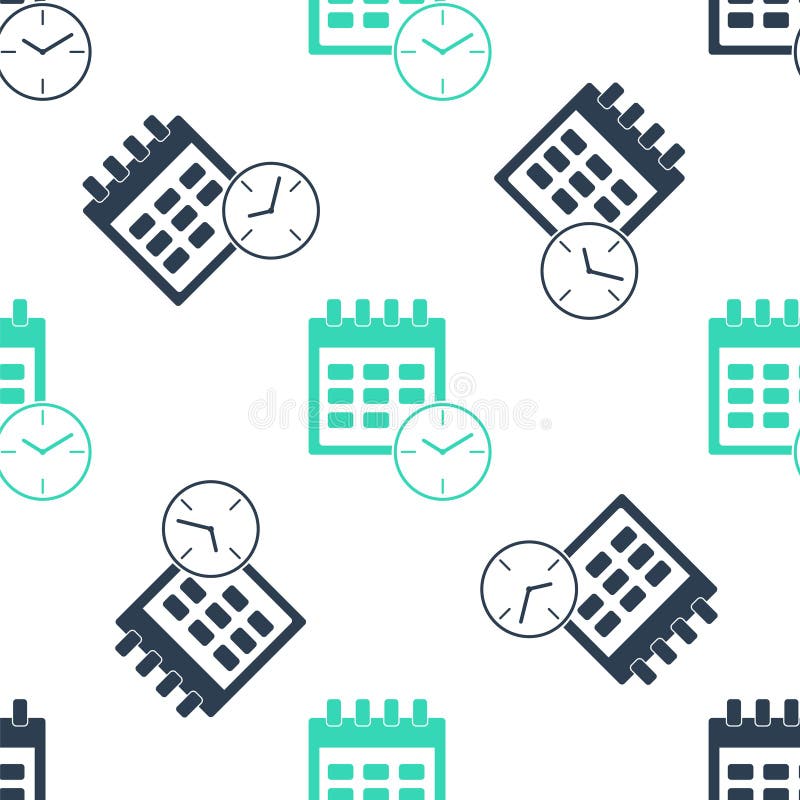 Green Calendar and Clock Icon Isolated Seamless Pattern on White ...