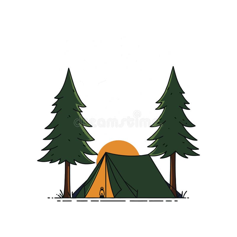 Green Camping Tent Pitched between Two Tall Pine Trees with Orange ...