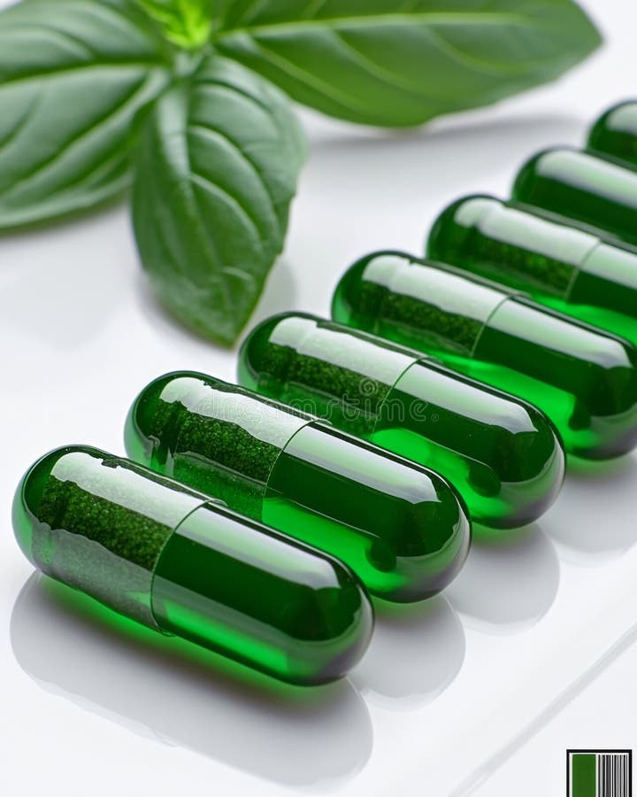 Green Capsules Arranged Alongside Fresh Mint Leaves on a White Surface ...