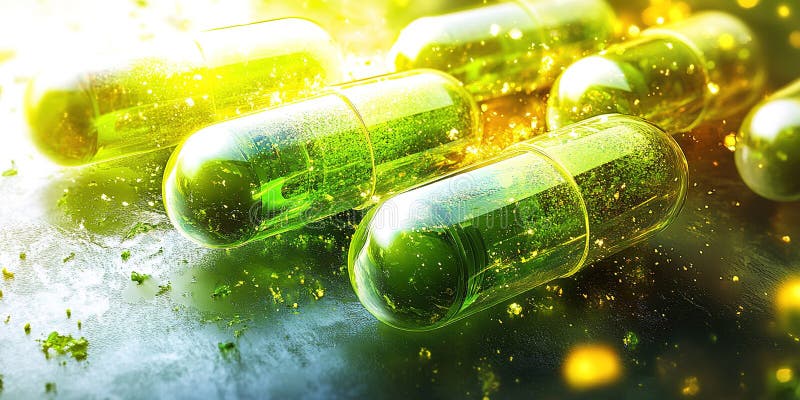 Green Capsules Shining Brightly with Twinkling Particles in a Dynamic ...