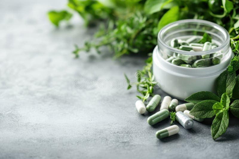 Herbal Supplements and Capsules Arranged with Fresh Herbs on a Work ...