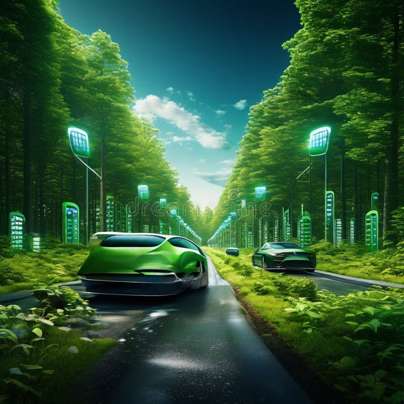 A Green Car on a Beautiful Green Road on Night Stock Illustration ...