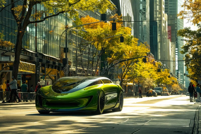 A Green Car Driving Down a City Street in the Fall. Generative AI Stock ...