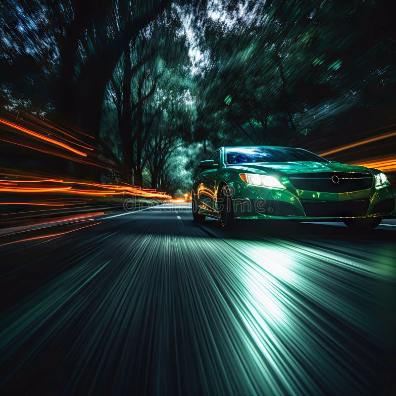 Green Car Driving Down Street at Night Stock Photo - Image of night ...