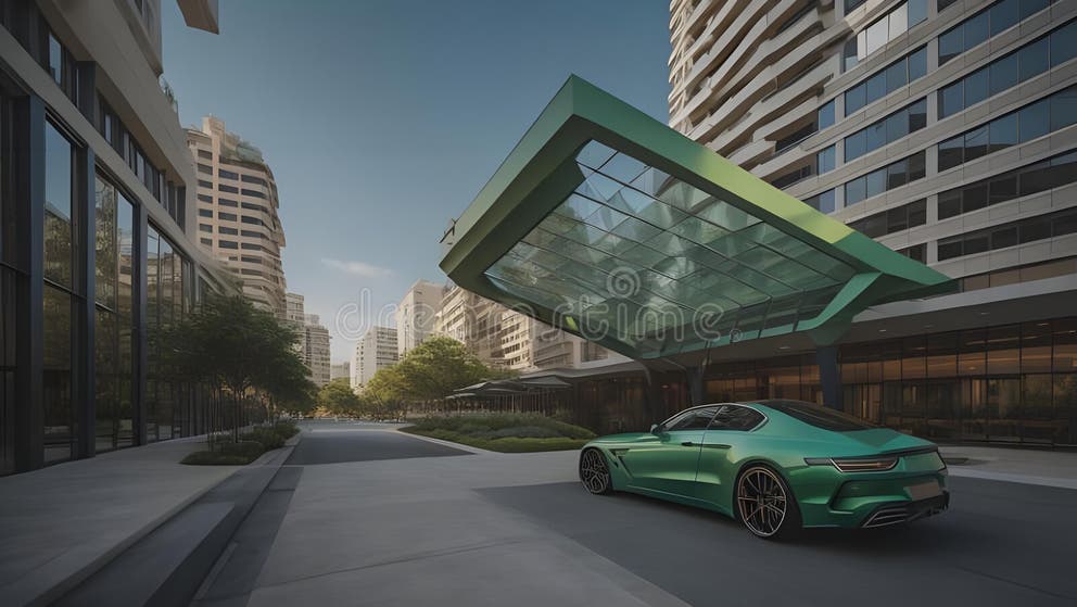 Green Car in Front of a Modern Office Building. Generative Ai Stock ...