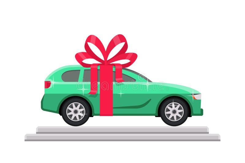 Green Car with Red Bow on the Podium in Flat Style Stock Vector ...
