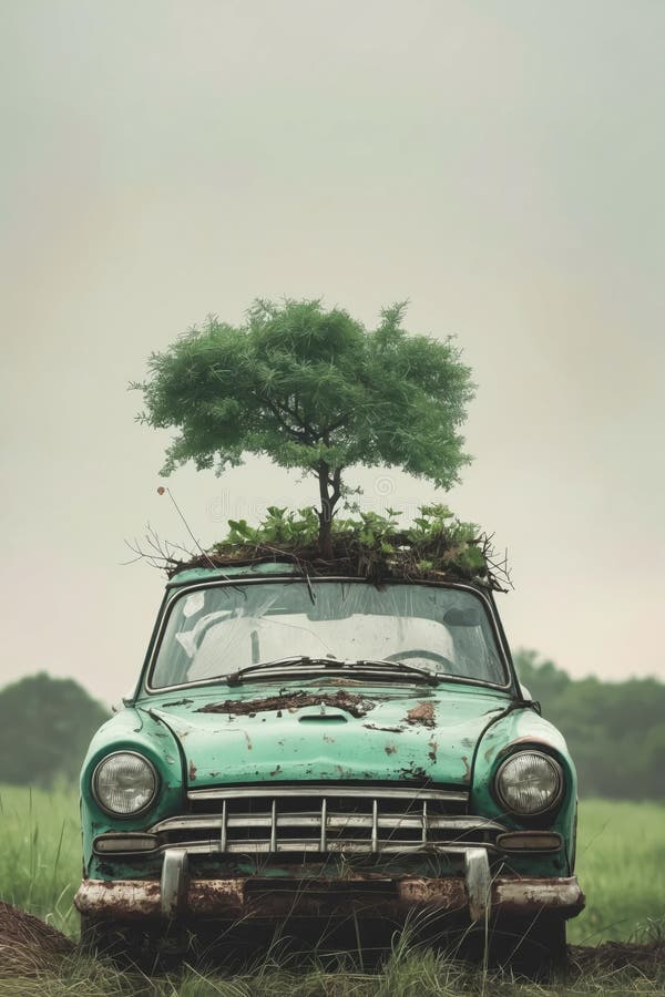 A Green Car with a Tree on Top of it. Generative AI Stock Photo - Image ...