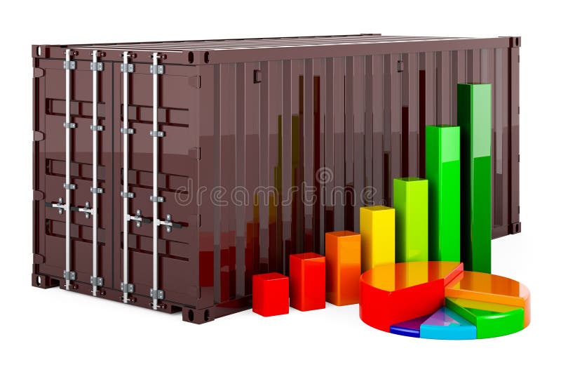 Green Cargo Container with Growth Bar Graph and Pie Chart. 3D Rendering ...