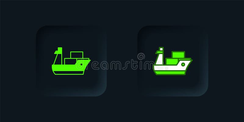 Green Cargo Ship Icon Isolated on Black Background. Black Square Button ...