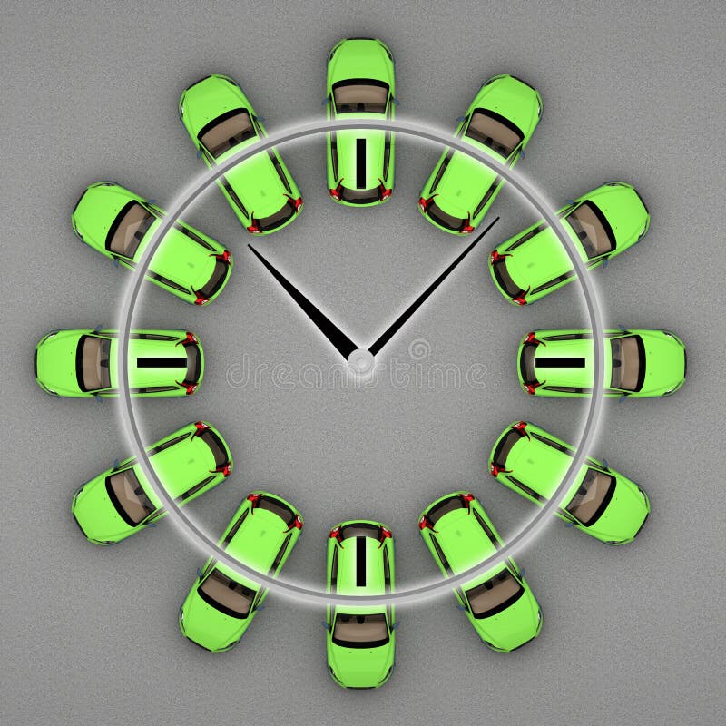 Green Cars Stand in a Circle Top View with Clock Face Stock ...