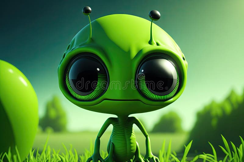 Green Cartoon Alien with Big Head and Black Eyes. Ai Generative Stock ...