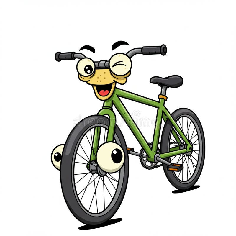 Green Cartoon Bicycle with a Smiling Face, Large Animated Eyes on the ...