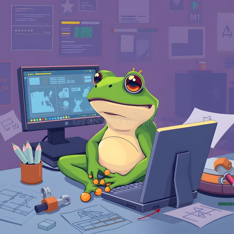 A Green Cartoon Frog Working on a Computer in a Colorful Office ...