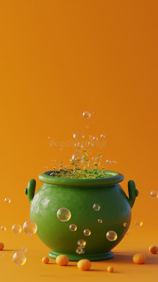 Green Cauldron with Floating Bubbles and Glowing Liquid on Orange ...